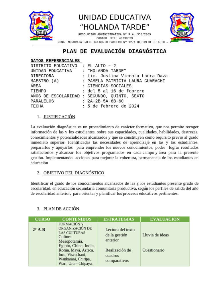 Plan de Evaluacion Diagnostica 2024 - 1 | PDF | Evaluación