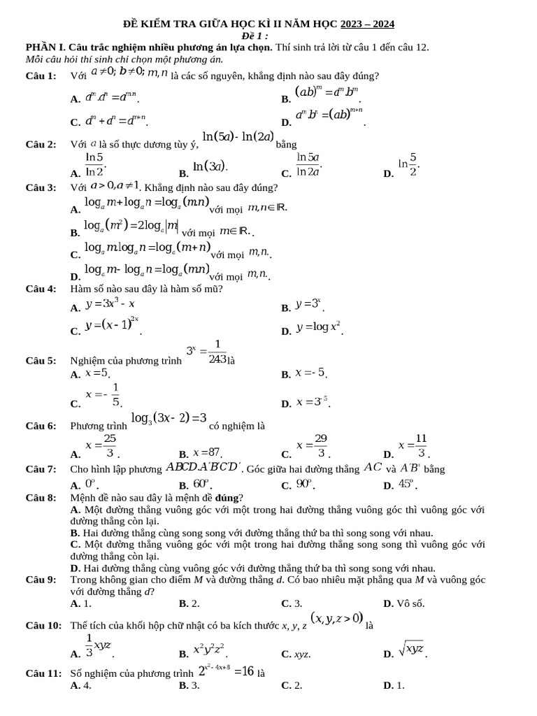Đề Toán GK2-TVH | PDF