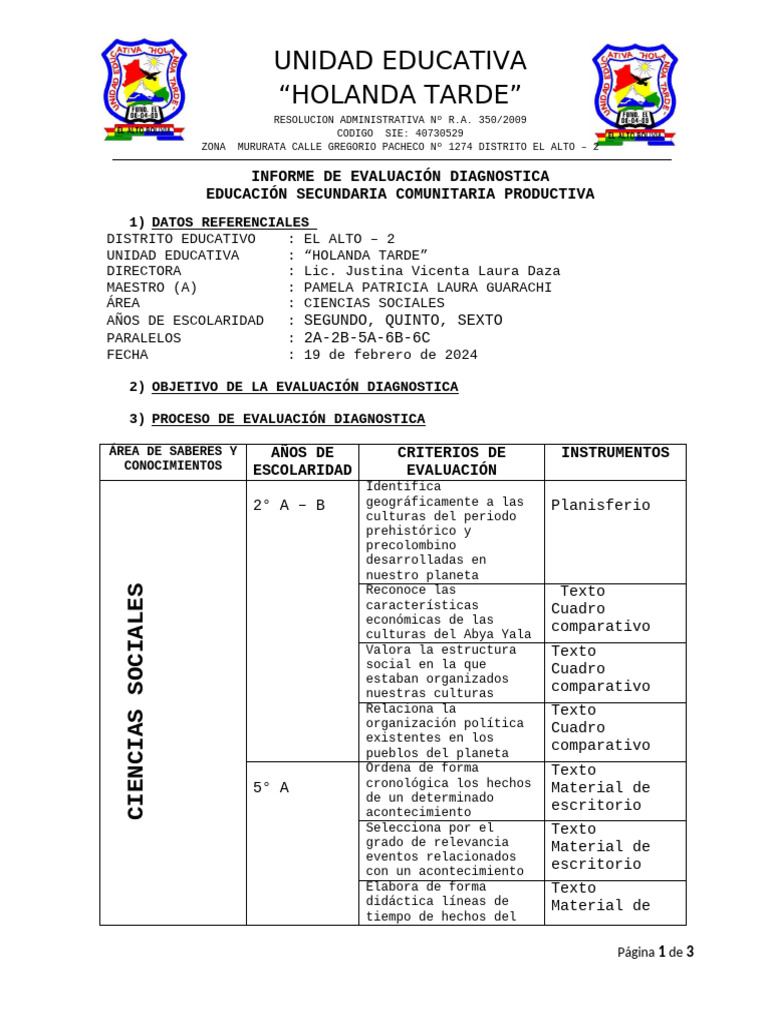 INFORME DE EVALUACIÓN DIAGNOSTICA 2024 | PDF