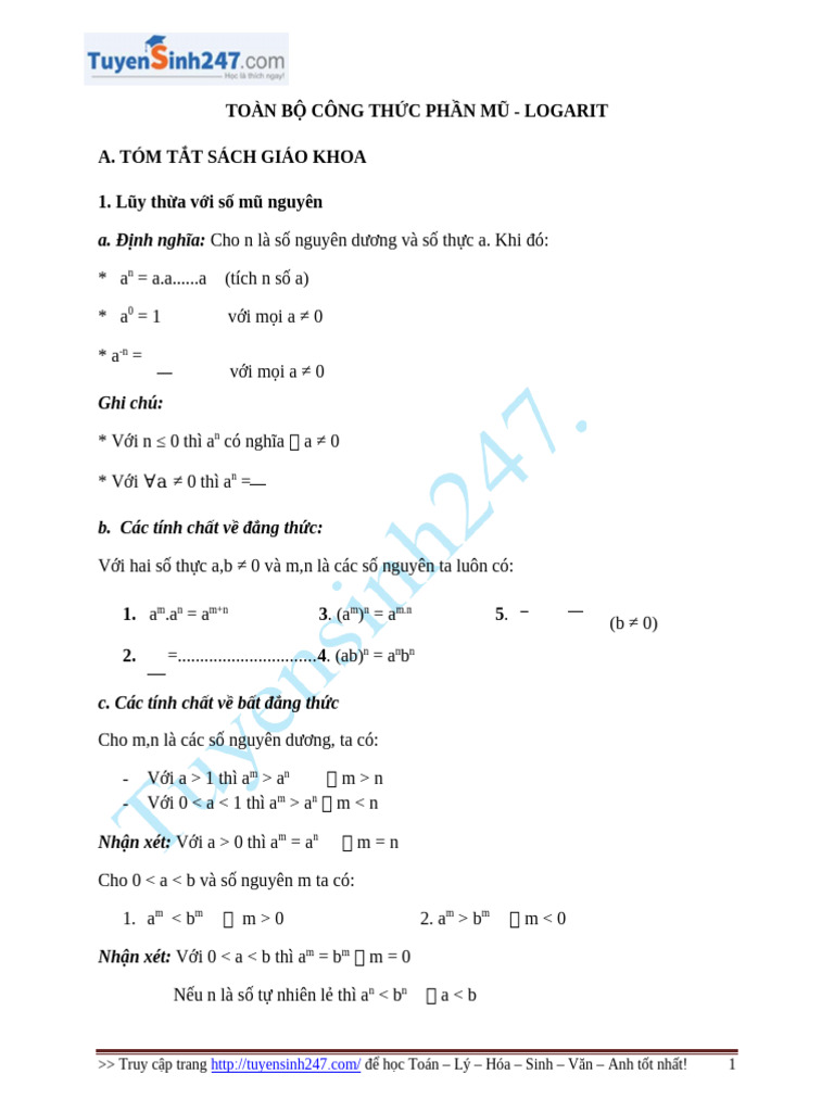 Toan Bo Cong Thuc Phan Mu Logarit | PDF