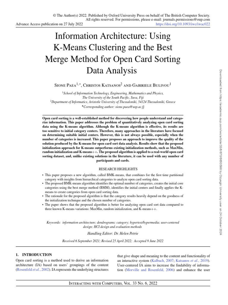 Information Architecture Using K-Means Clustering and the Best Merge Method for Open Card ...