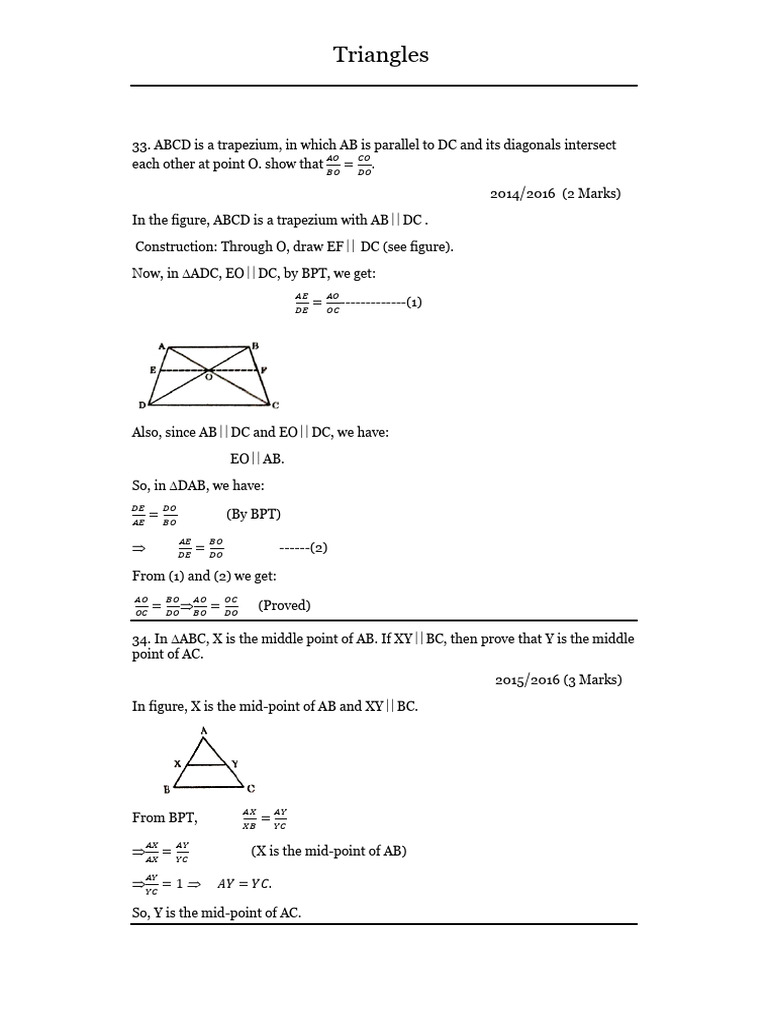 Triangles Most Repeated Questions Class 10 | PDF | Triangle | Geometry