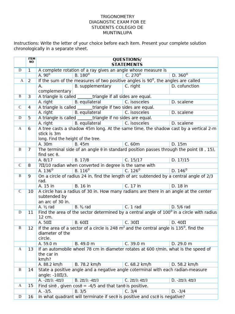 Trigonometry Diagnostic Exam for EE Students | PDF | Triangle ...