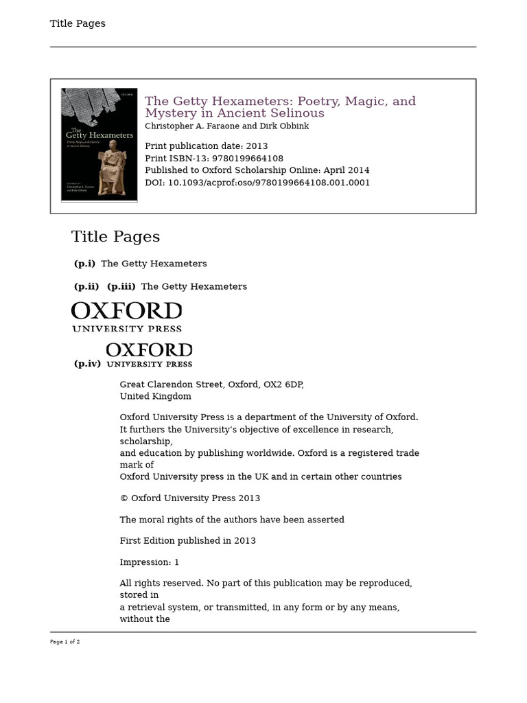 Christopher A. Faraone - Dirk Obbink - The Getty Hexameters - Poetry ...