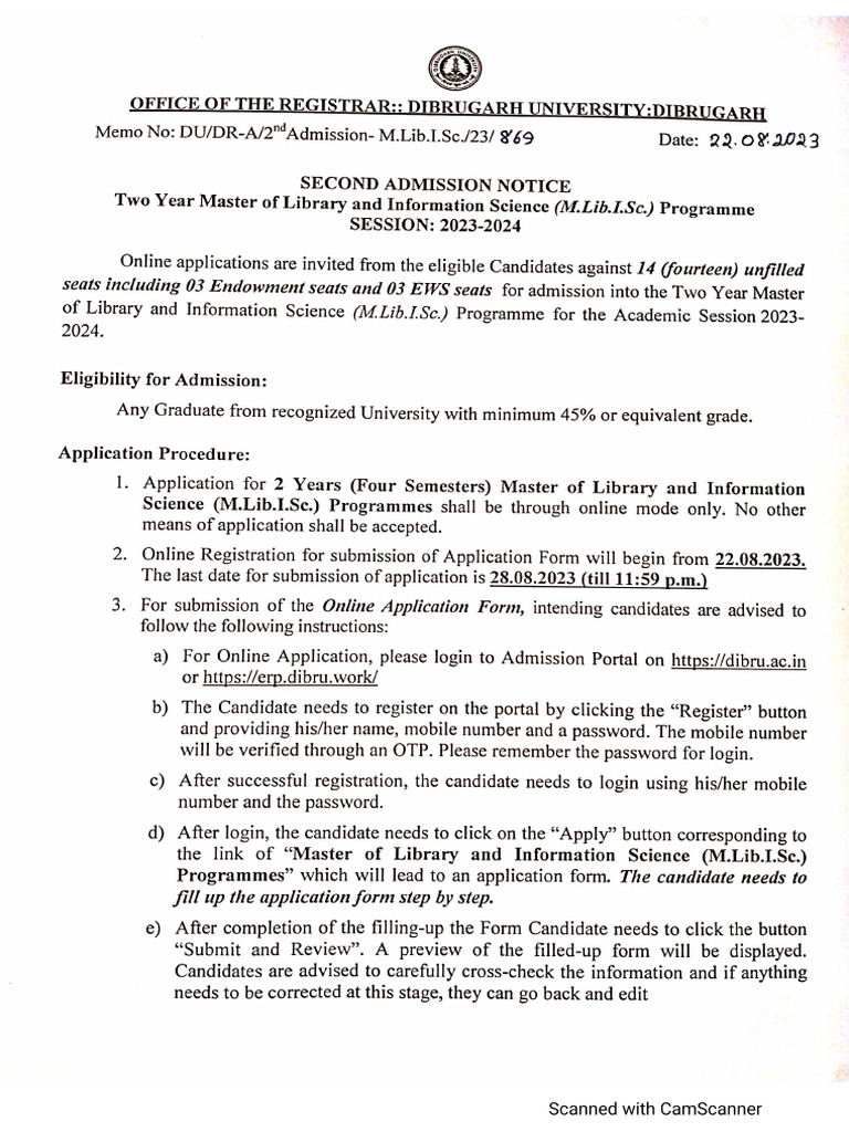 Second Admission Notice For Two Year Master of Library and Information ...