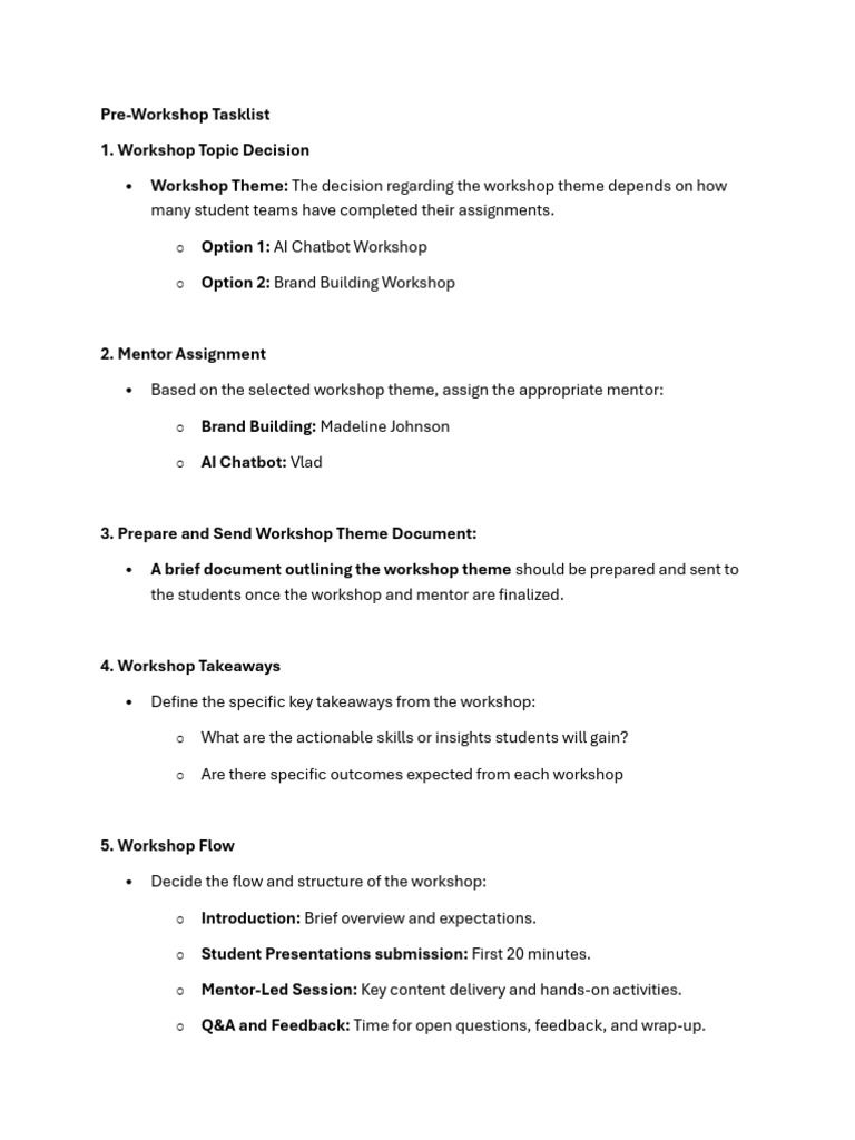 Pre Workshop Tasklist | PDF