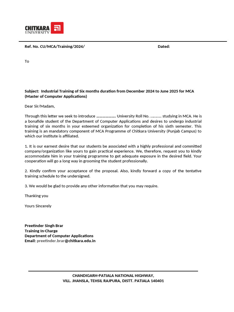MCA Industrial Training Request 2024 | PDF