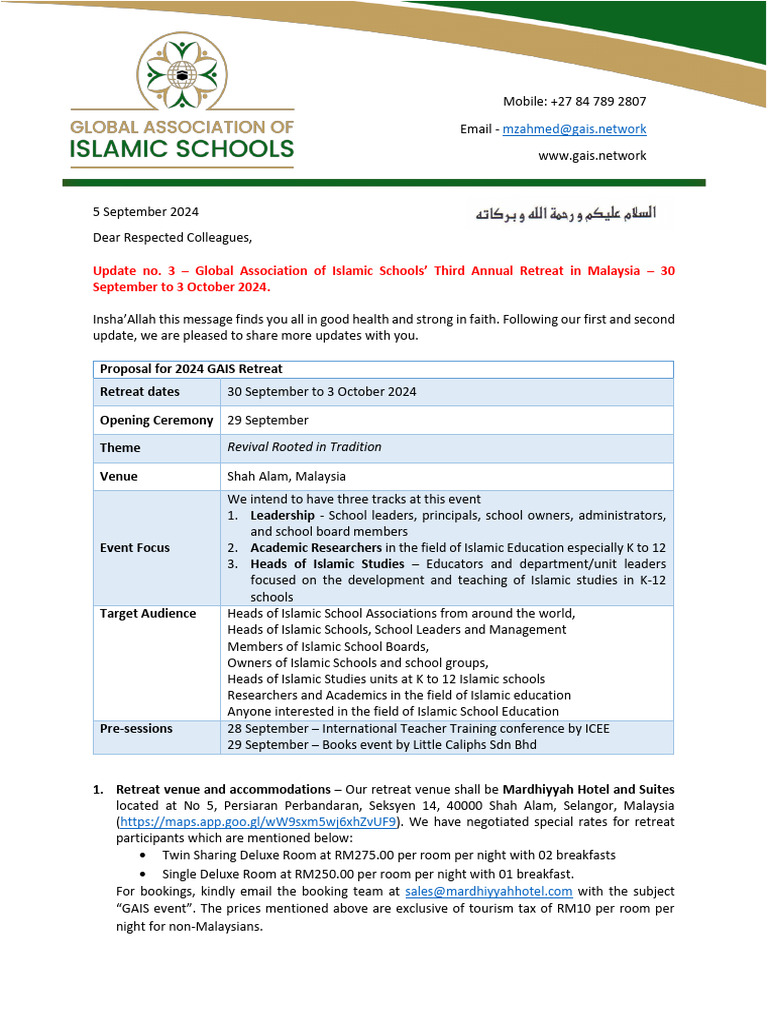 GAIS 2024 Retreat in Malaysia Note 3 - 5 Sept 2024 | PDF | Meal