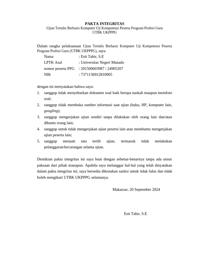 Pakta Integritas UTBK UKPPPG | PDF