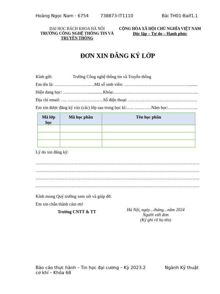 HoangNgocNam 6754 IT1110 738873 Word Bai1.1 | PDF