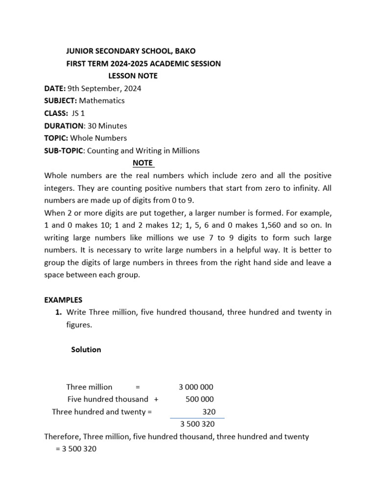 3345_lesson Note on Whole Numbers | PDF