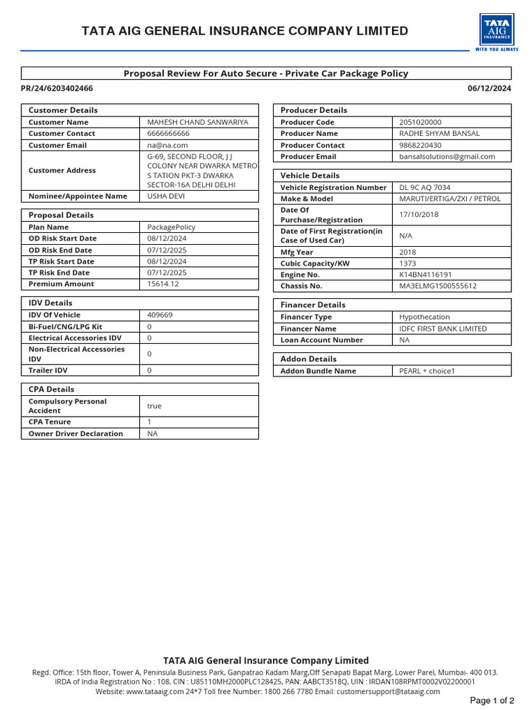 Tata AIG Motor Review Proposal 3184 PR 24 6203402466 | PDF | Insurance ...