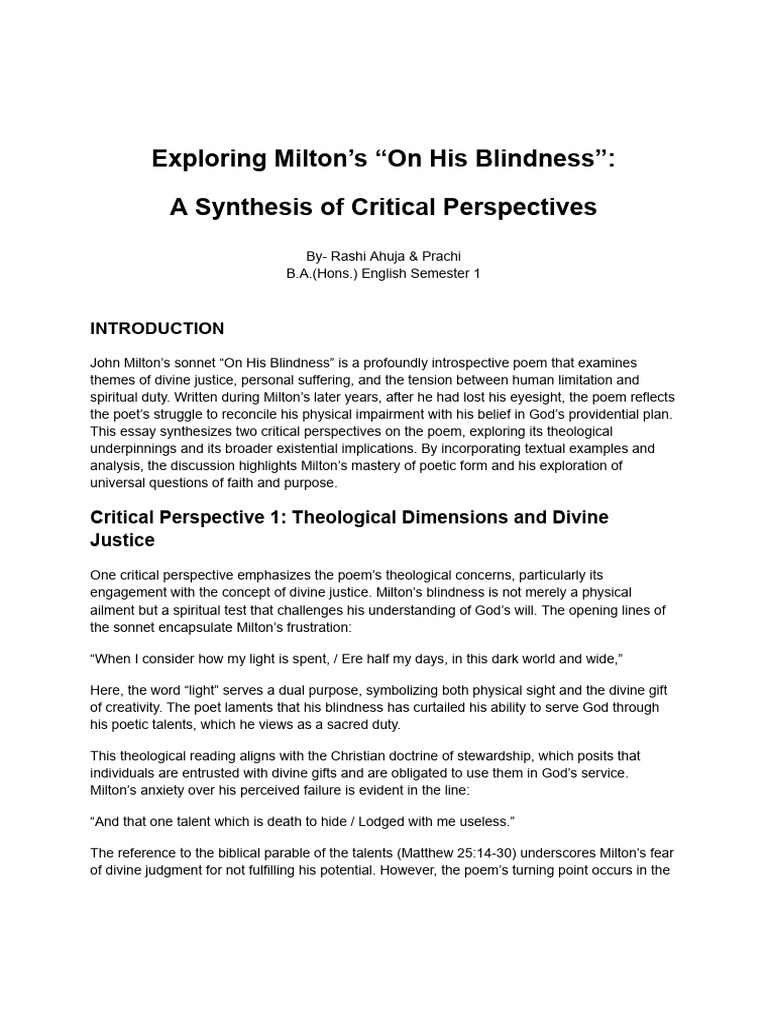 Milton "On His Blindness" Essay | PDF | John Milton | Poetry