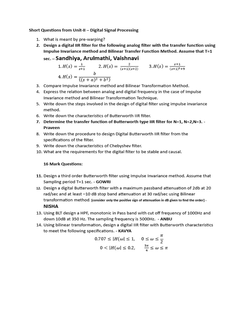 DSP- Unit-II Questions | PDF