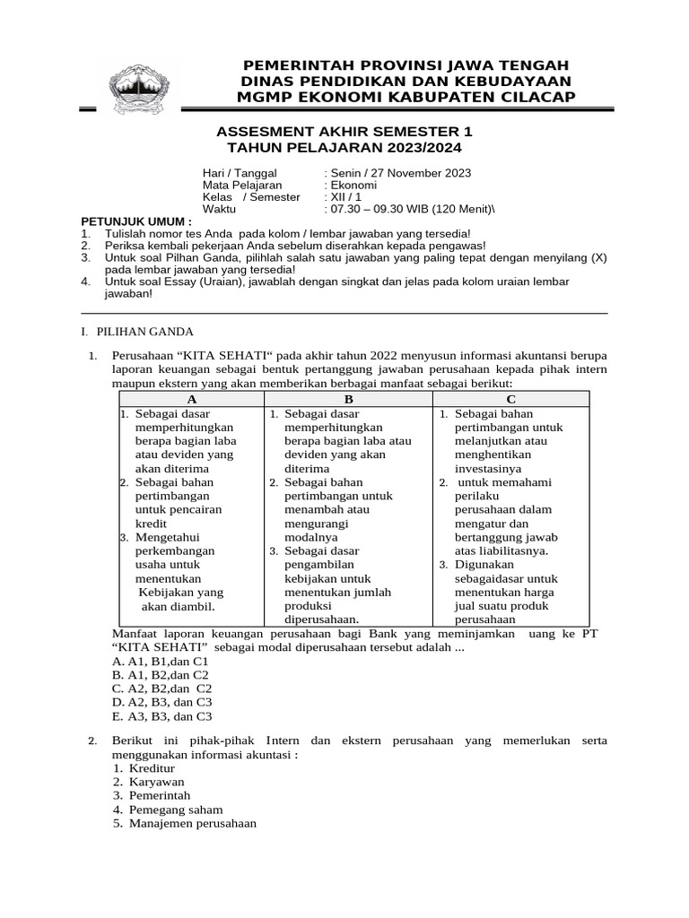 Soal Pas Ekonomi Kelas Xii SMT 1 Tahun 2023 | PDF