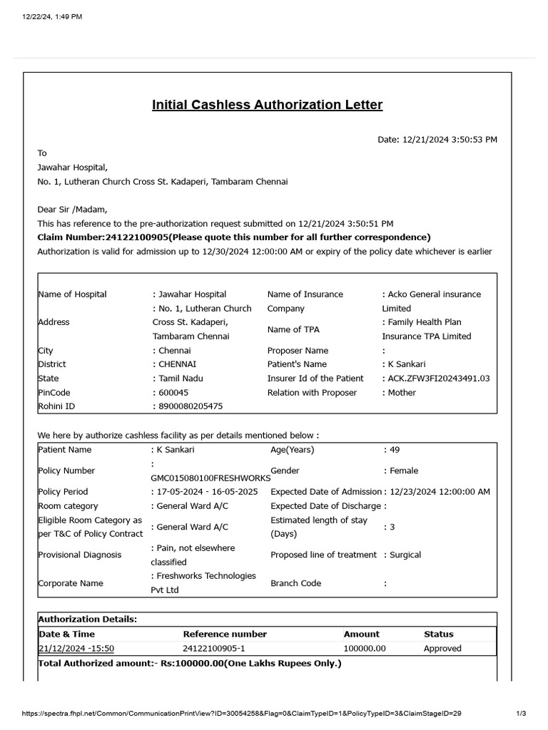 Initial Cashless Authorization Letter | PDF | Surgery | Hospital