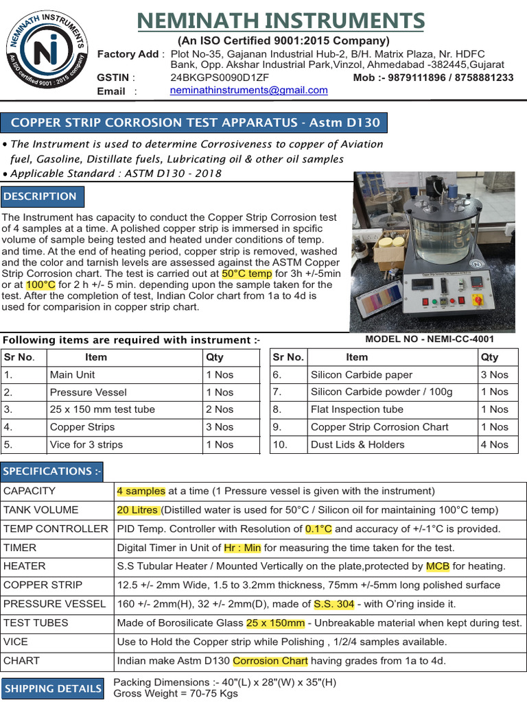 Copper Strip Corrosion (Astm D130) - Neminath Instruments | PDF | Corrosion | Materials