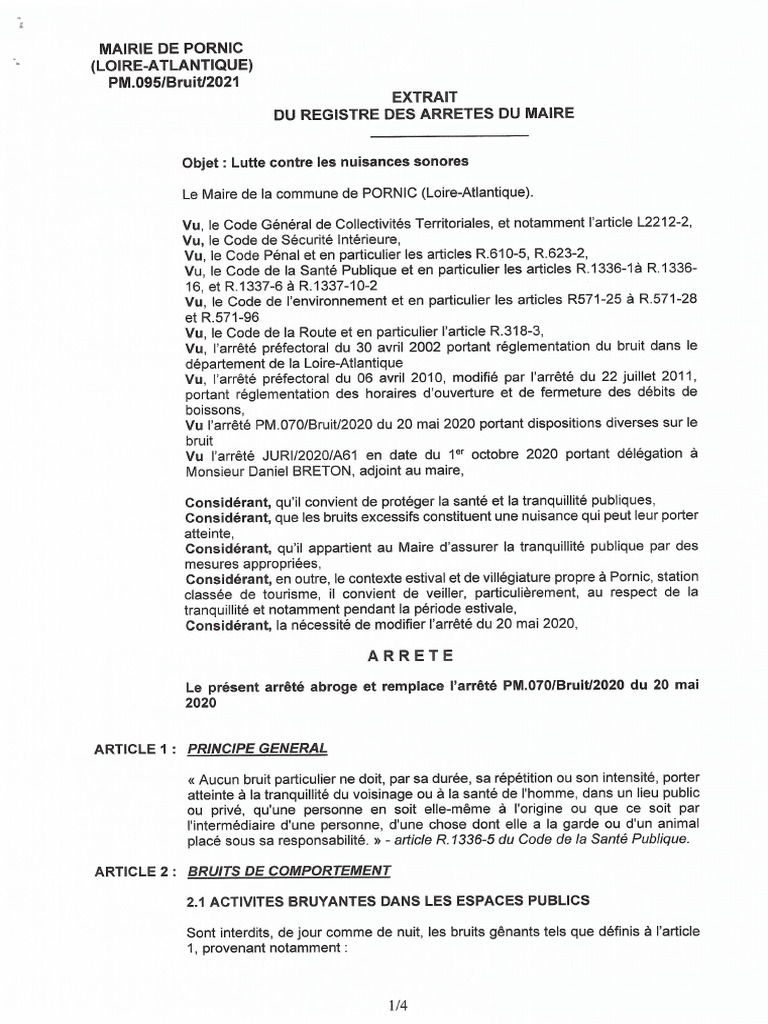 Arrete BRUIT2021 LUTTE CONTRE LES NUISANCES SONORES 1 | PDF