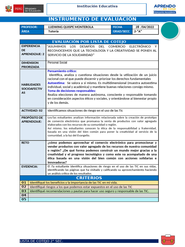 2º LC Act 2 Tut Eda 2 Ficha de Evaluacion 2a | PDF | Evaluación | Creatividad