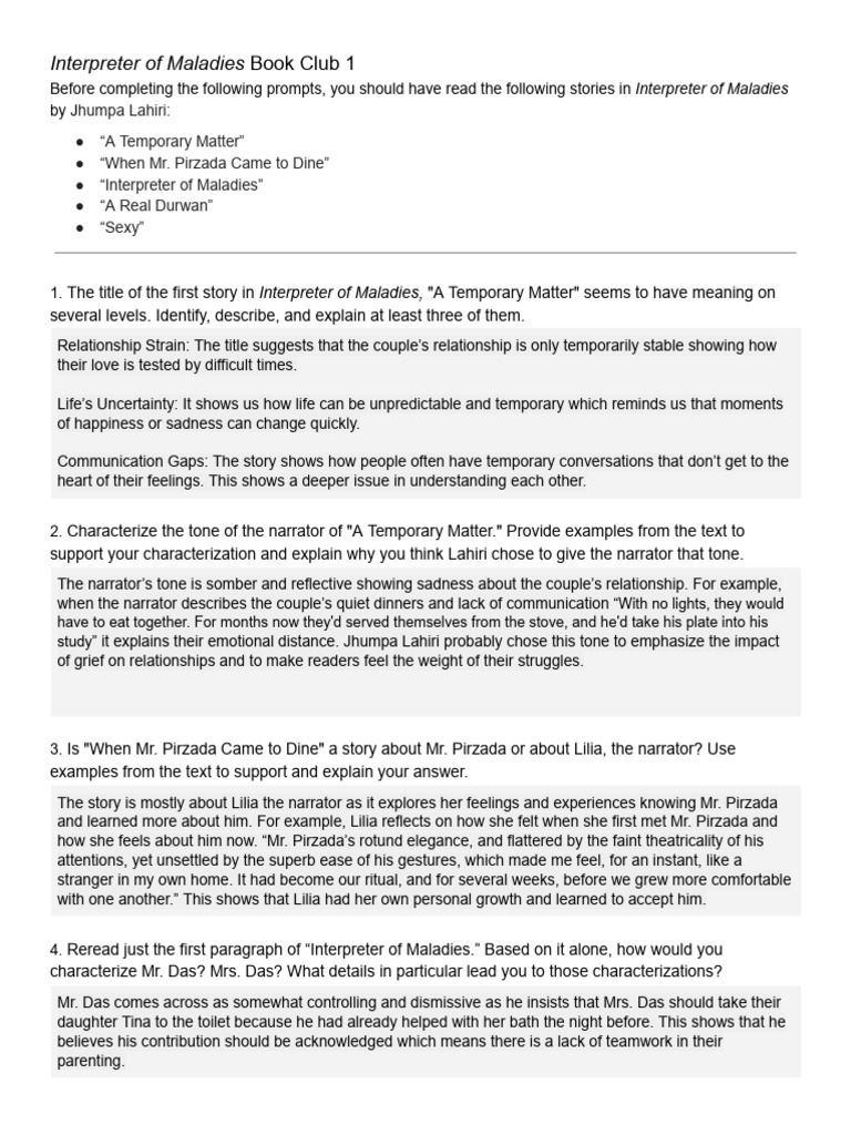 (CHA) Interpreter of Maladies Book Club 1 (Katya Riziq Copy) | PDF