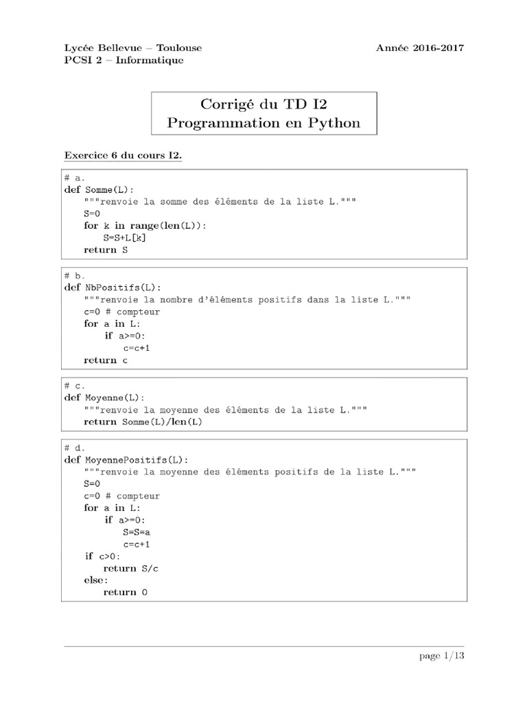 Corrigé du TD I2 Programmation en Python | PDF