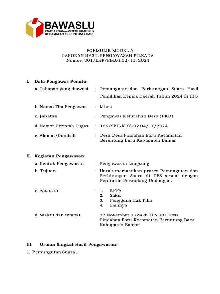 Lhp. Pkd Pindahan Baru Tps 001 Bupati Banjar | PDF