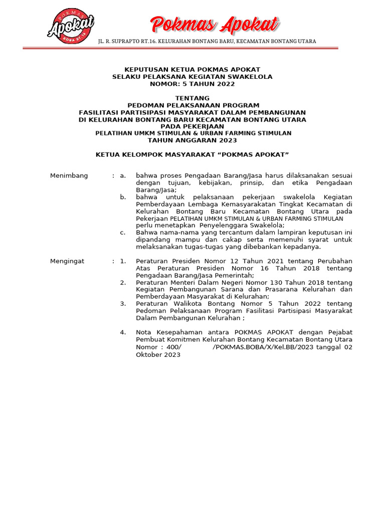 SK Penyelenggara Oleh Ketua Pokmas Apokat | PDF