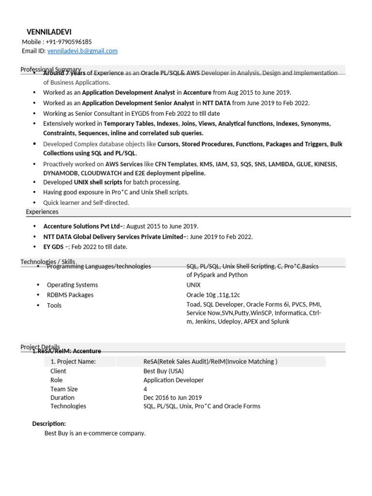 Vennila Resume-Oracle-PLSQL AWS | PDF | Pl/Sql | Sql