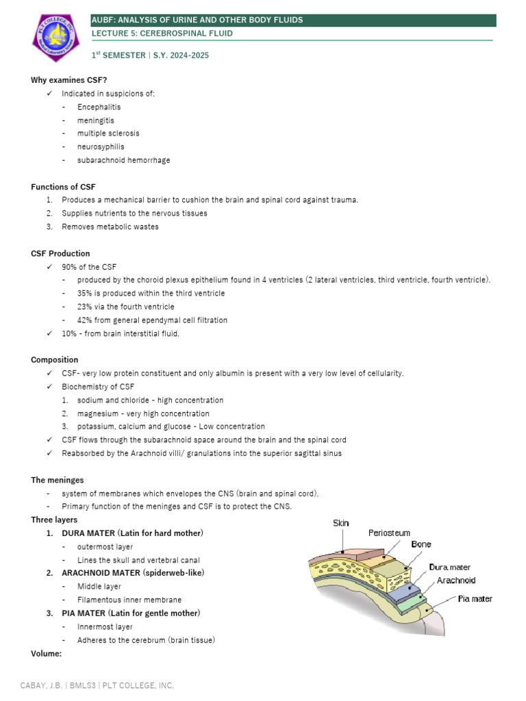 Lecture 5 Cerebrospinal Fluid | PDF | Cerebrospinal Fluid | Meningitis