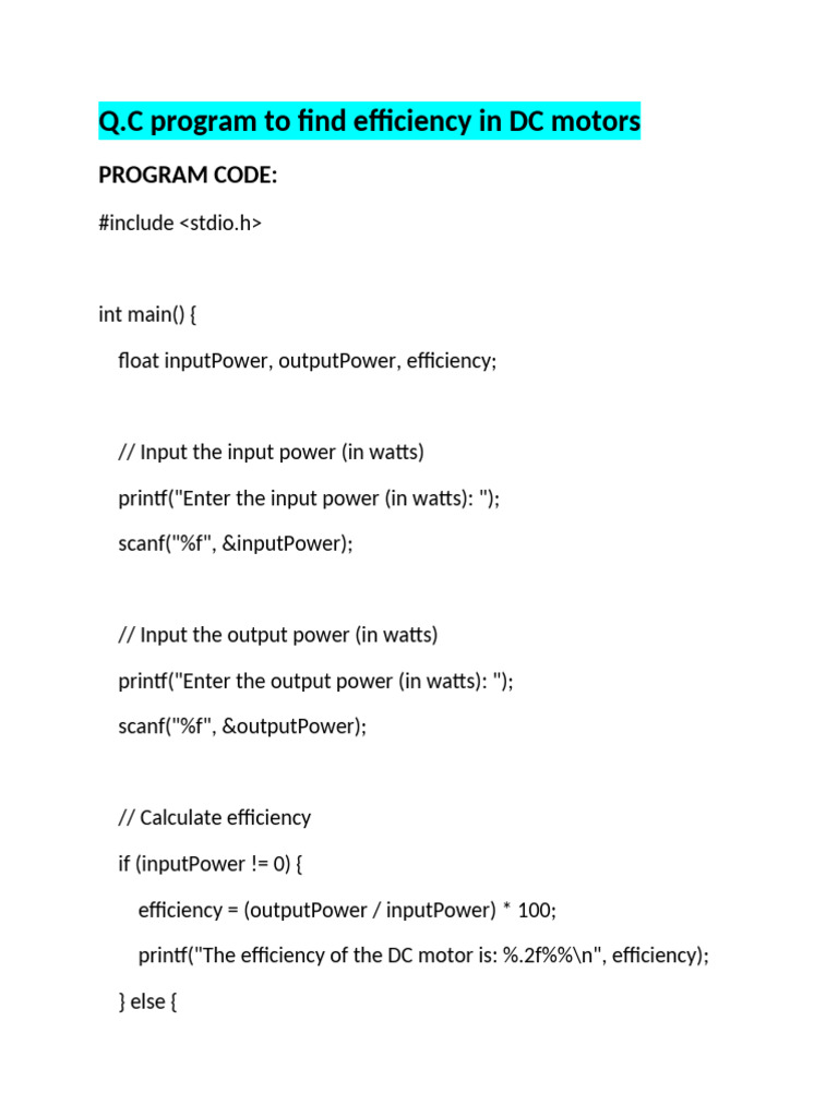 Q.C Program To Find Efficiency in DC Motors | PDF