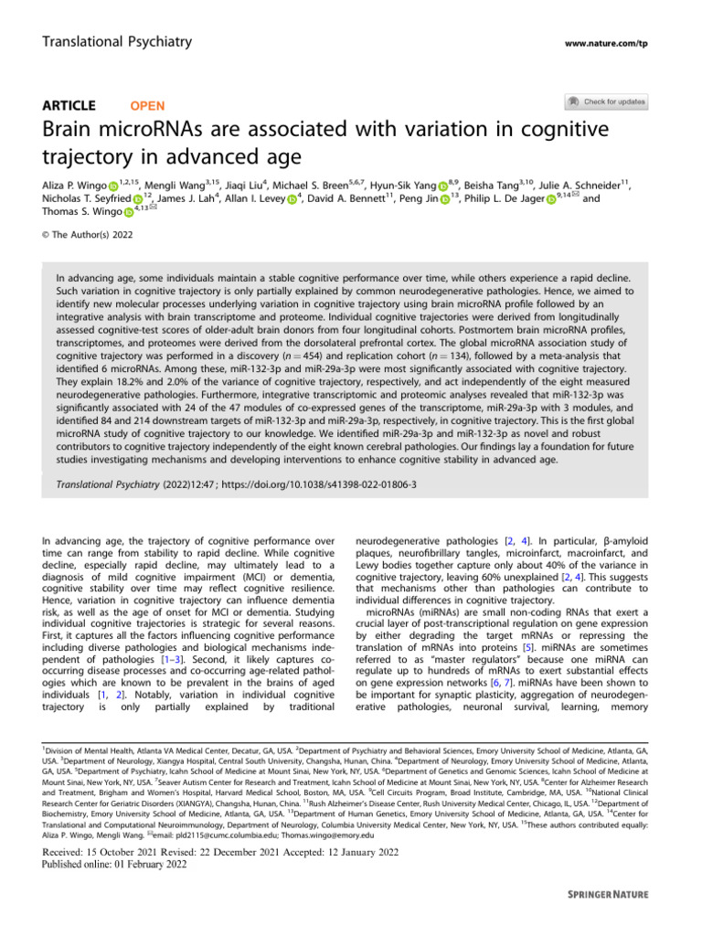 Brain microRNAs Are Associated With Variation in Cognitive Trajectory in Advanced Age | PDF ...
