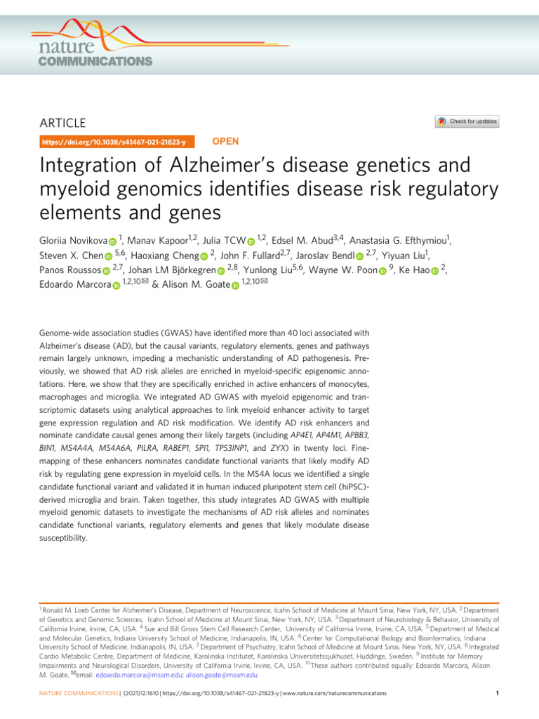 Integration of Alzheimer’s disease genetics and myeloid genomics identifies disease risk ...