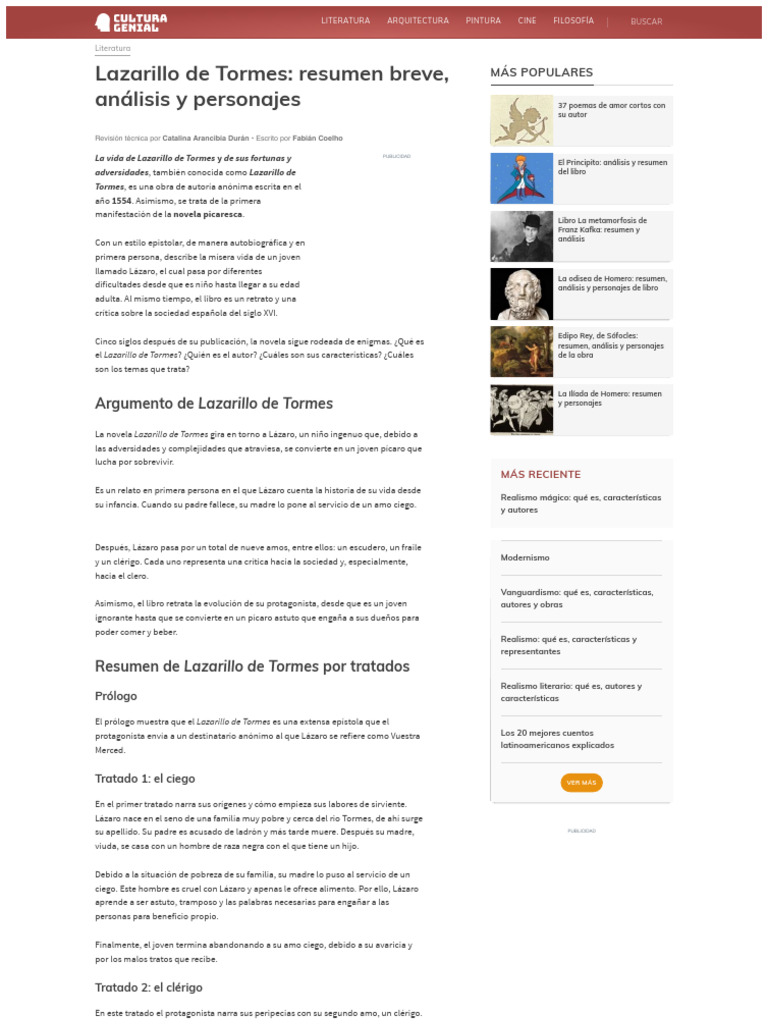 Análisis de Lazarillo de Tormes: Resumen y Temas | PDF
