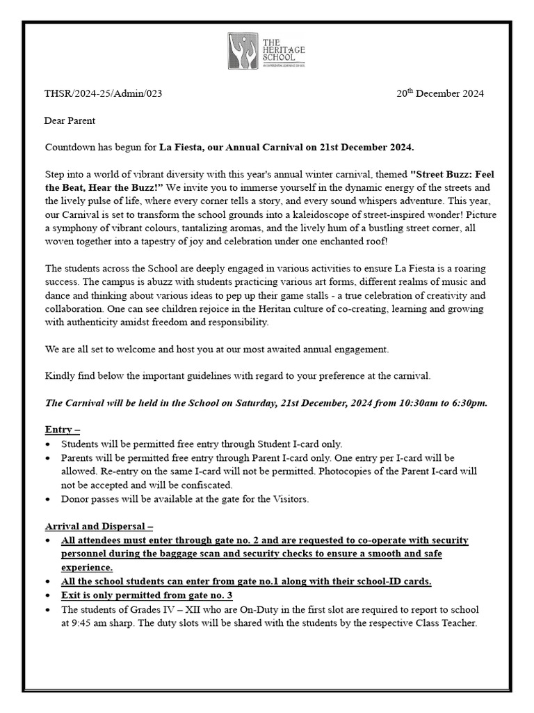 Circular 023 PS To XII La Fiesta 20 Dec 2024 | PDF