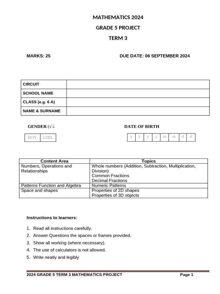 Grade 5 Mathematics Project Term 3 2024 - 051404 | PDF | Mathematics | Arithmetic