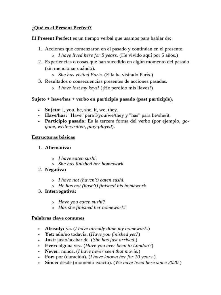 Uso del Present Perfect en inglés | PDF