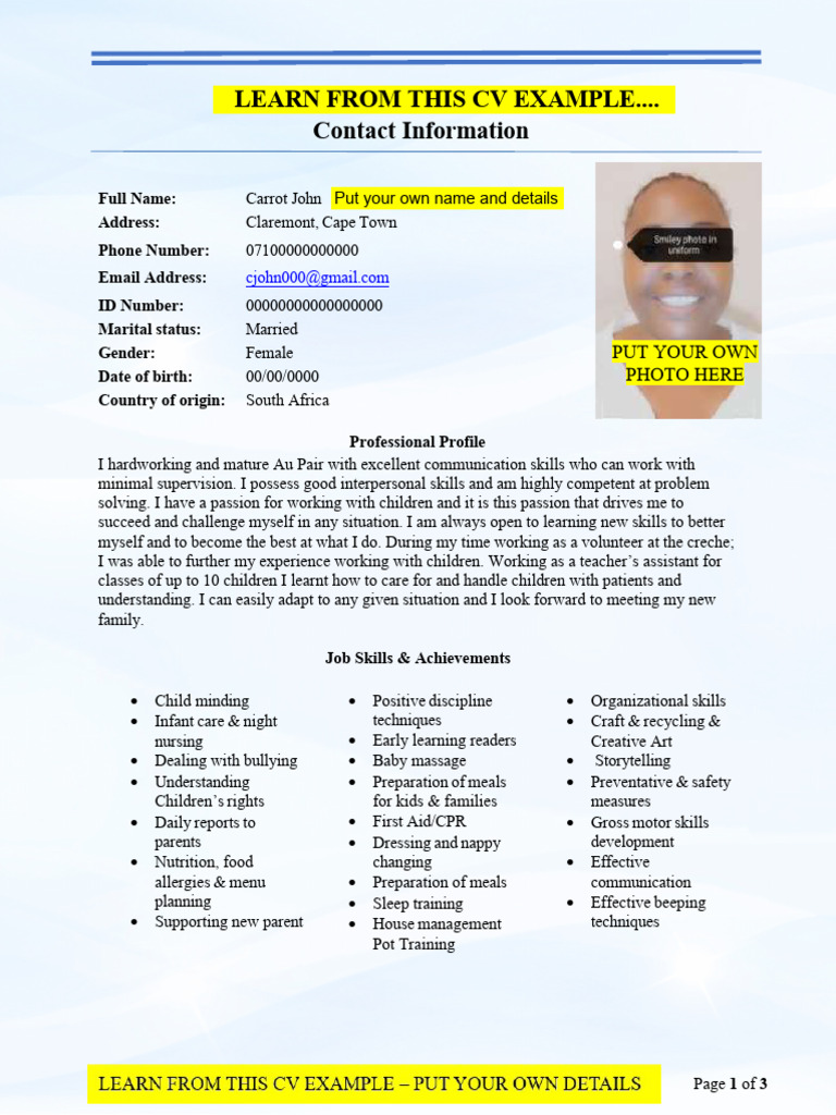 Childcare CV Example for Au Pair | PDF | Child Care | Diaper