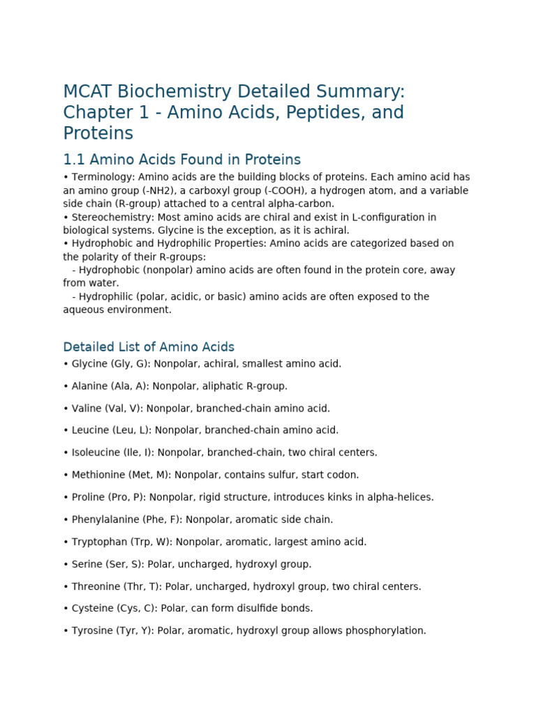 Kaplan MCAT Biochem Chapter Summaries | PDF | Amino Acid | Dna