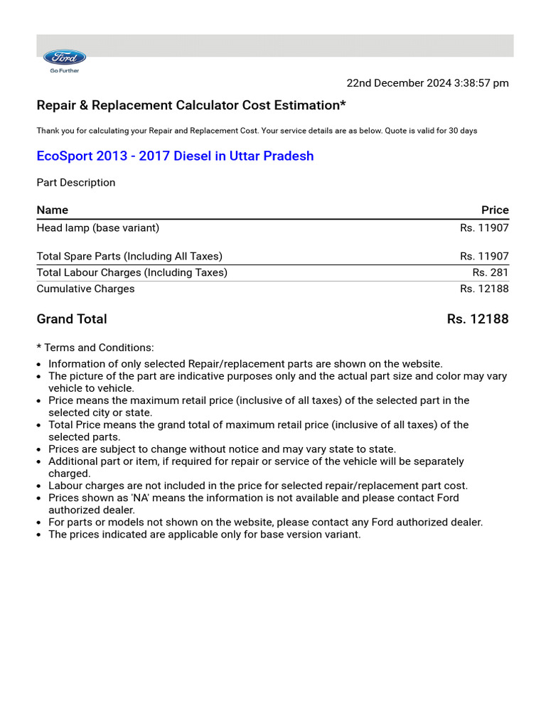 Ford Parts Calculator Estimate | PDF
