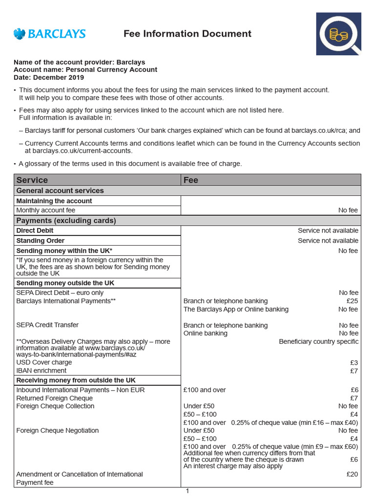 BARCLAYS FeeIsonalCurrencyAccount | PDF | Cheque | Payments