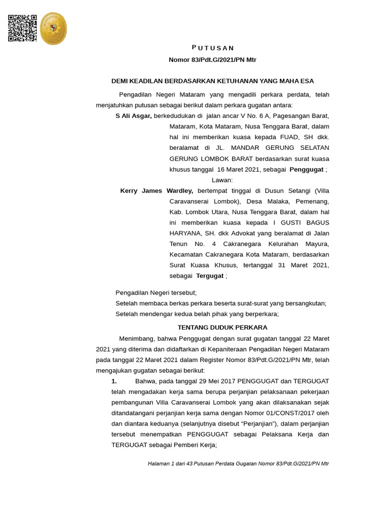 Putusan Perdata Nomor 83/Pdt.G/2021 | PDF