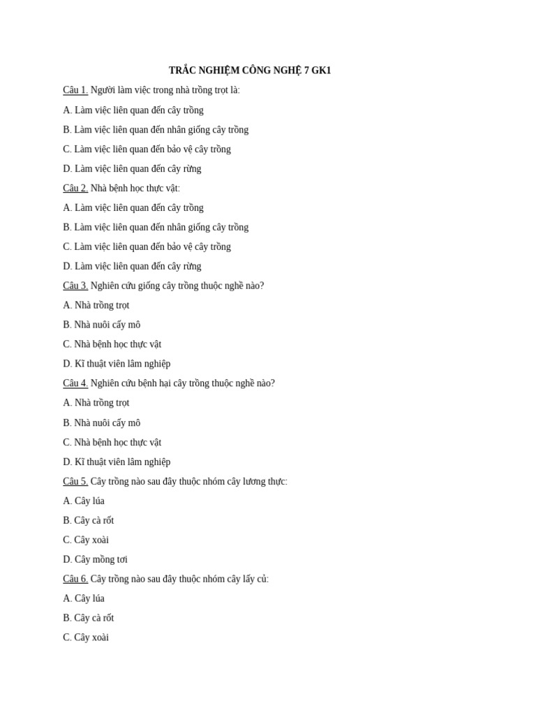 TRẮC NGHIỆM CÔNG NGHỆ 7 GK1 | PDF