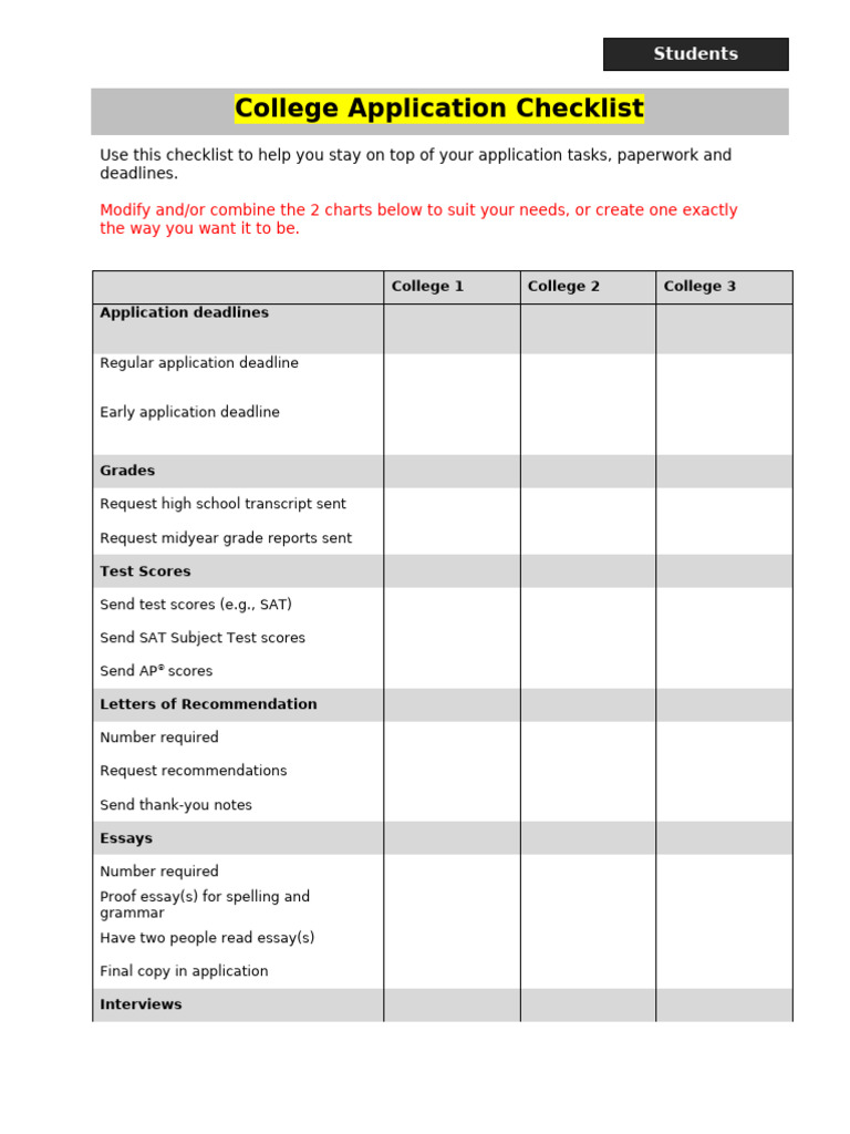 College Planning - Application Checklist - Sample Charts - G12 (CB ...