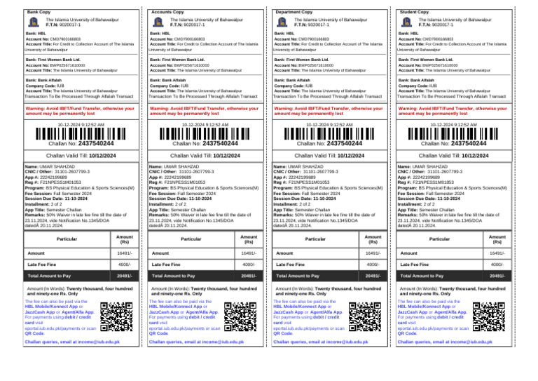 IUB Fall 2024 Semester Fee Challan | PDF | Qr Code | Debit Card