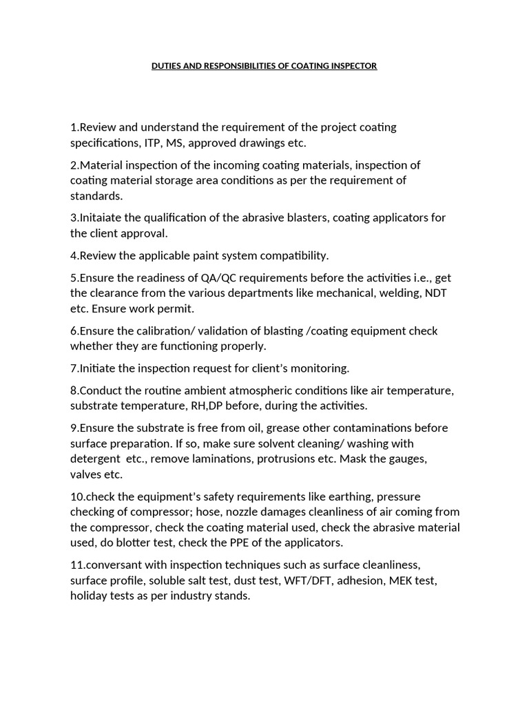 Coating Inspector Duties Guide | PDF