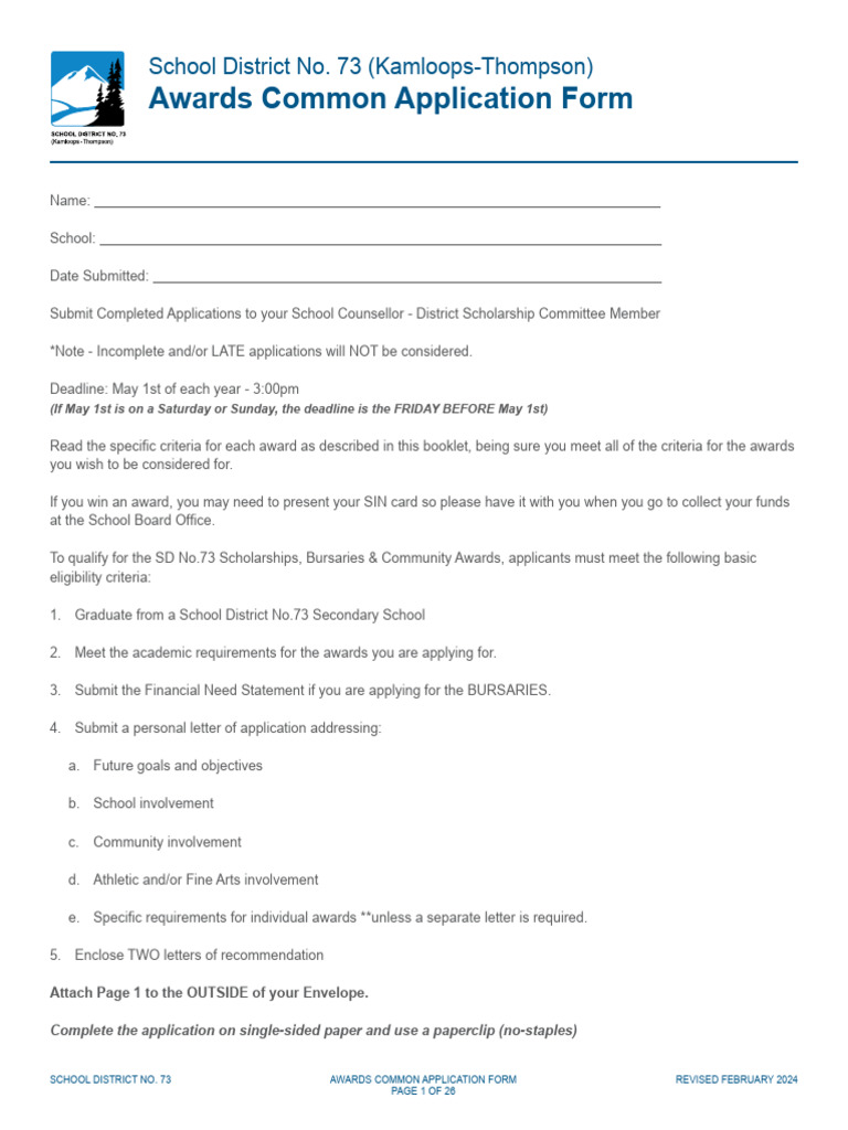 SD No. 73 Awards Application Form | PDF