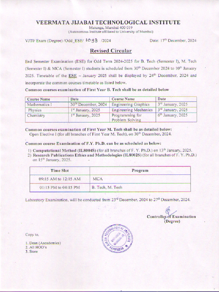 ESE_Cirsular_First Year(B. Tech, M. Tech & MCA)Revised | PDF