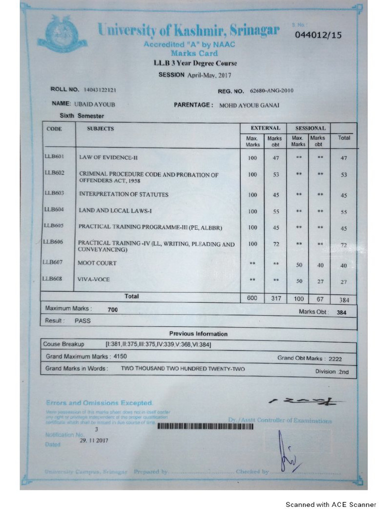 Ubaid Law Marksheet - 11zon | PDF