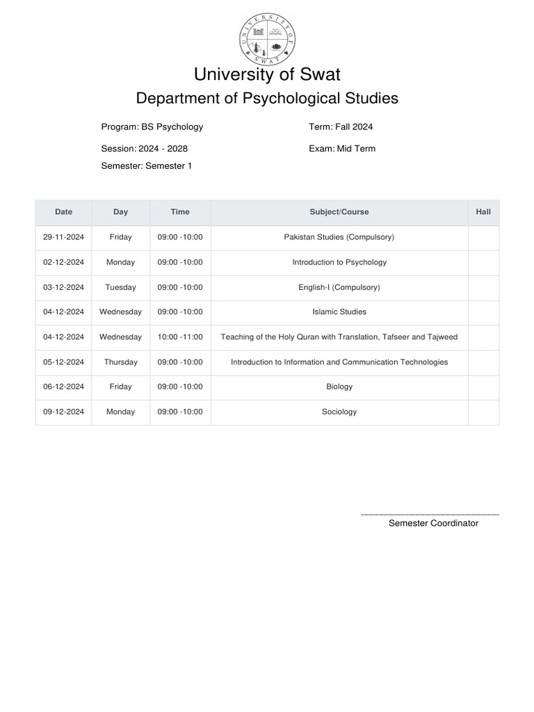 BS Psychology Midterm Schedule | PDF