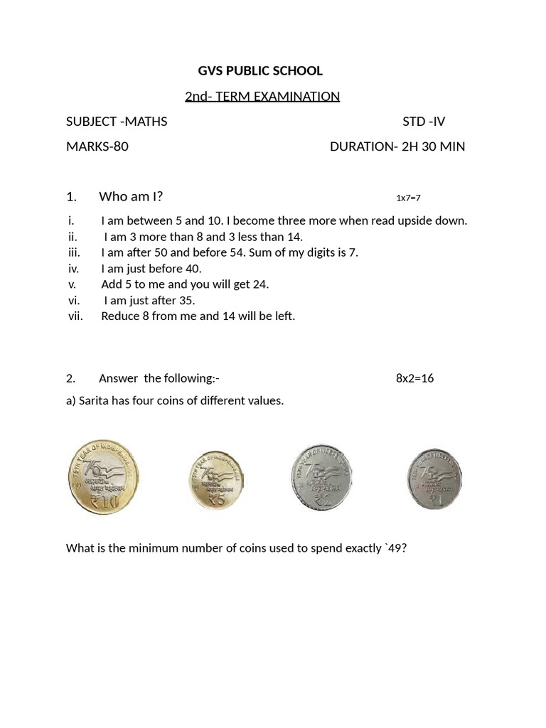 Grade 4 Maths Exam Paper | PDF